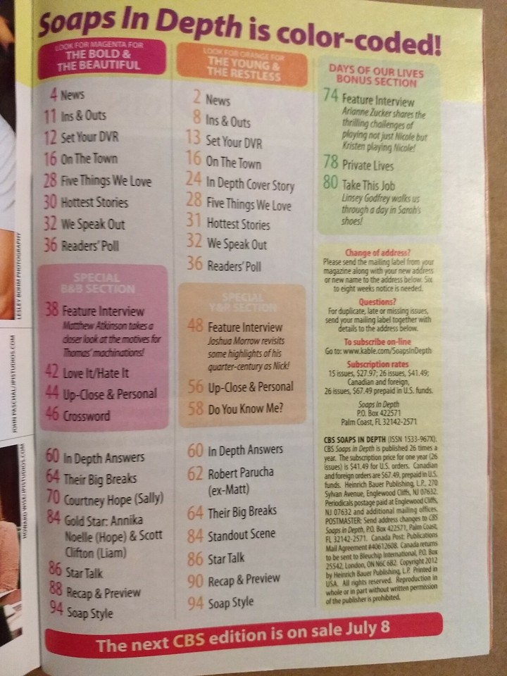 CBS Soaps In Depth Magazine July 8 2019 Greg Rikaart Elizabeth ...