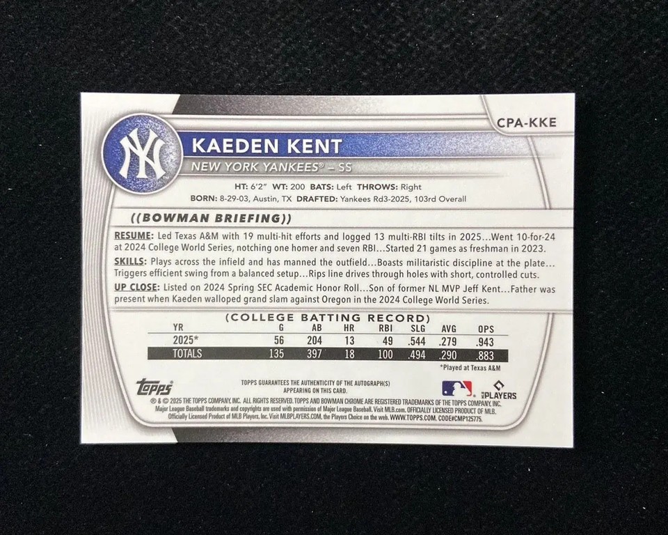 2025 Topps Chrome Bowman 1st Prospects Auto Kaeden Kent #CPA-KKE ...
