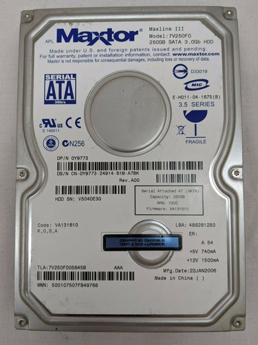 Maxtor Maxline III 7V250F0 250GB SATA 3.0Gb HDD 3.5" Hard Drive TESTED ...