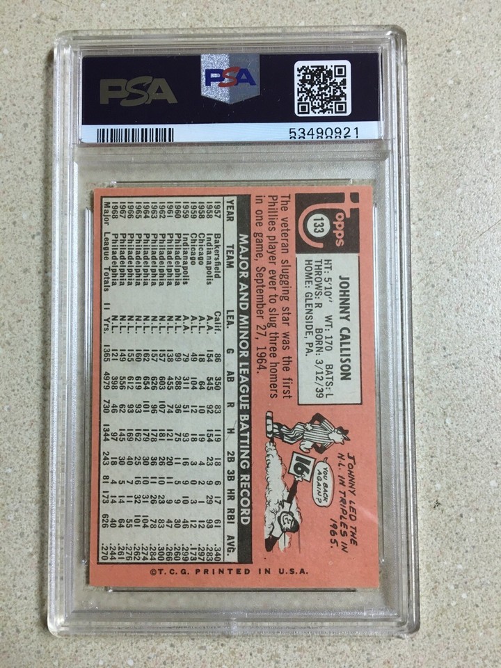 1969 Topps #133 Johnny Callison PSA 9 MINT PHILLIES | eBay
