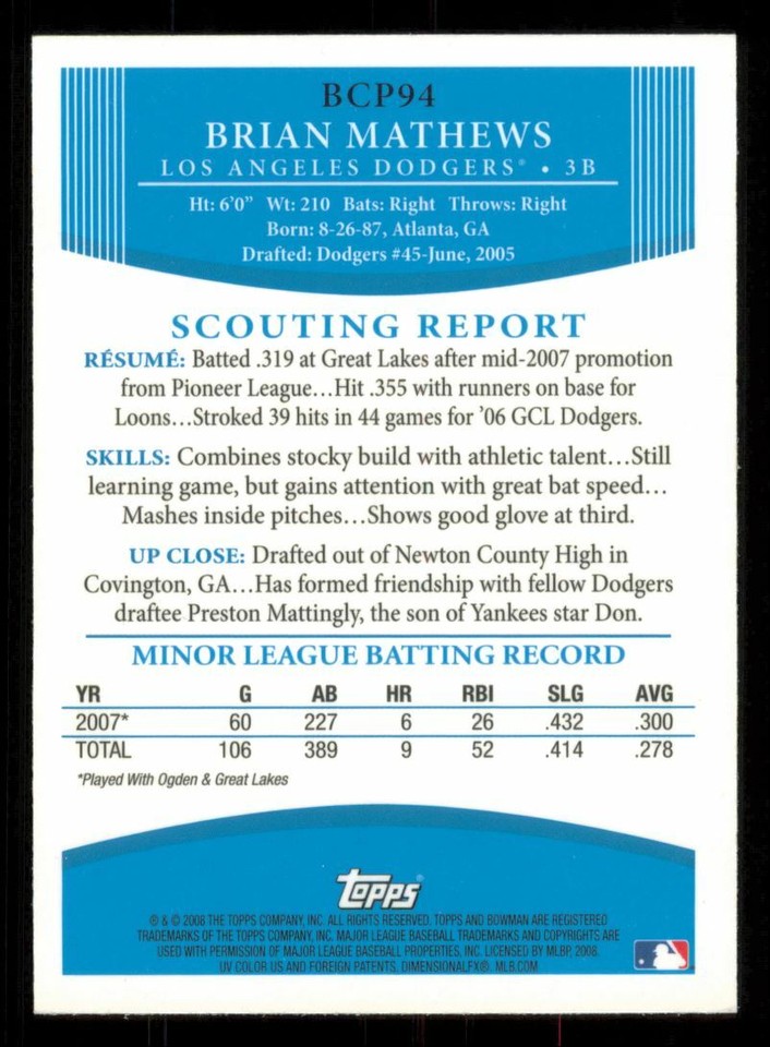 2008 Bowman Chrome Prospects Brian Mathews Los Angeles Dodgers #BCP94 ...