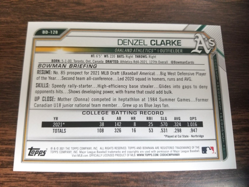 DENZEL CLARKE 2021 1st BOWMAN DRAFT CARD #BD-128 OAKLAND A'S (FIRST ...