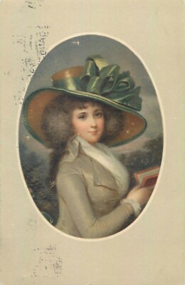 Elegant beauty drawn lady with hat early 20th century artist postcard c ...