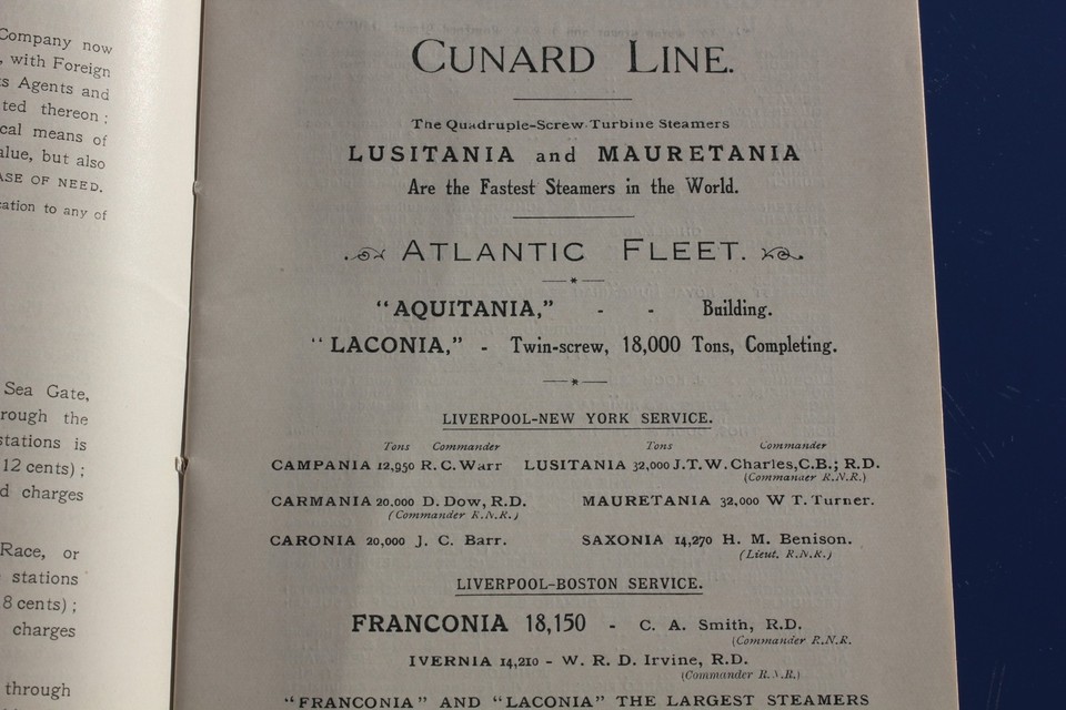CUNARD LINE RMS SAXONIA PASSENGER LIST SEPT 30TH 1911 LUSITANIA ...
