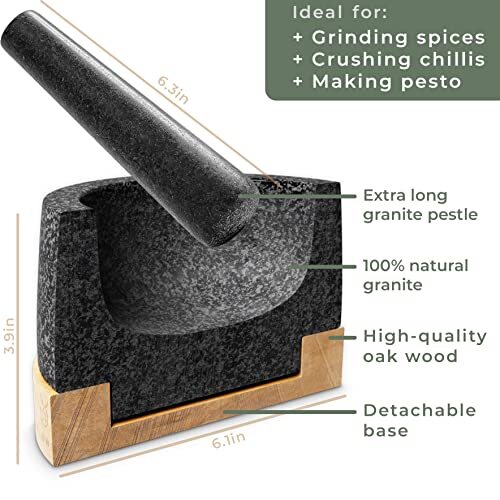 Mortar with Extra Large Pestle Set, Anti-Scratch Oak Wood Base, Natural ...