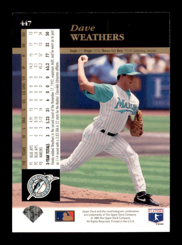 1994 Baseball Upper Deck Dave Weathers Florida Marlins #447 | eBay