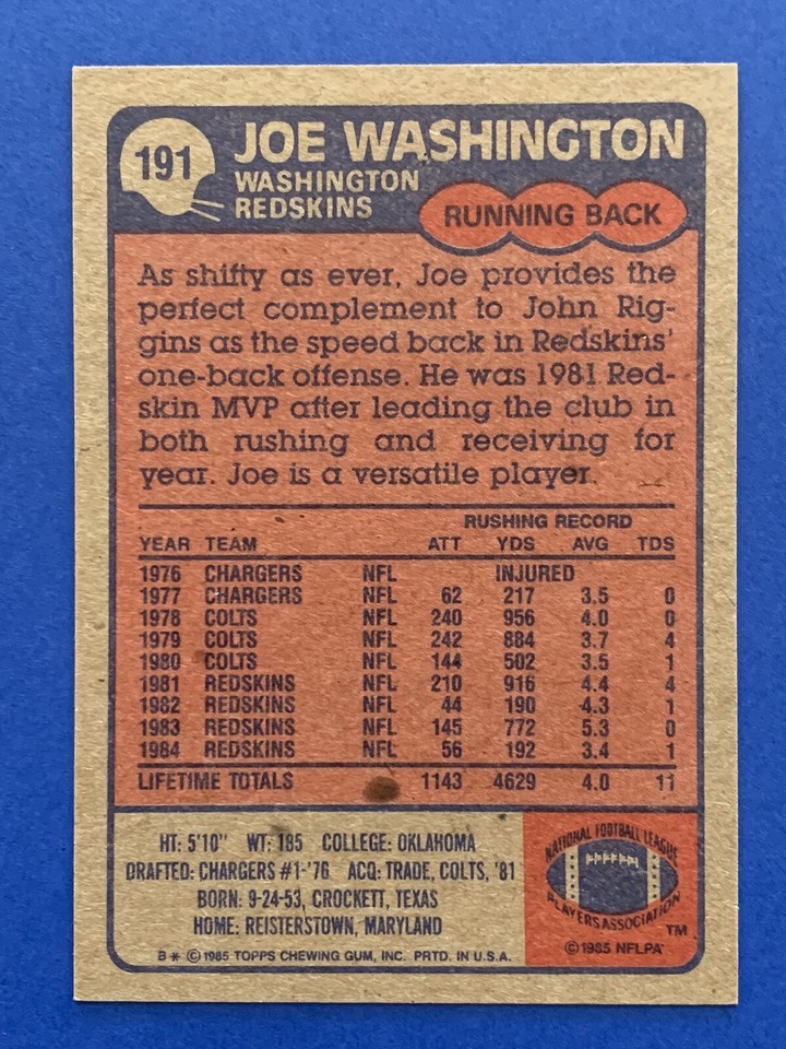 JOE WASHINGTON (CF HOF) Signed 1985 Topps Skins Oklahoma Sooners ...