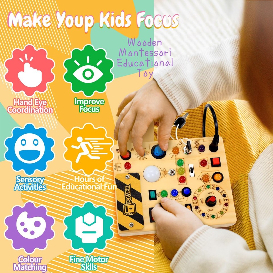 Busy Board with LED Light Switches, Montessori Toys for 1 2 3 Years Old ...