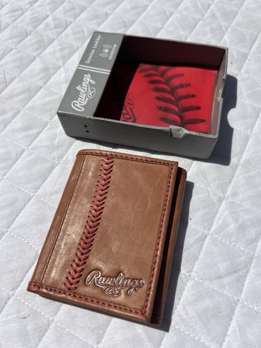 Men's Rawlings Baseball Red Stitch Tri-Fold Slim Leather Wallet Brown ...