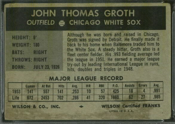 1954 Wilson Franks Johnny Groth PSA 4 (5281) | eBay