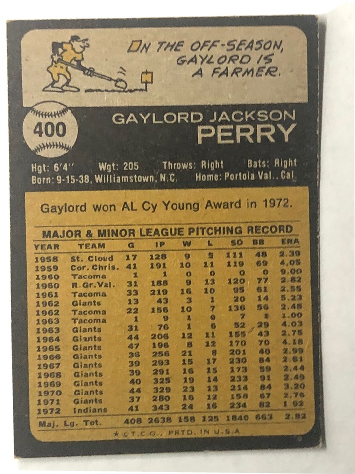1973 Topps Gaylord Perry Card #400 VG+ Hall of Fame Cleveland Indians ...