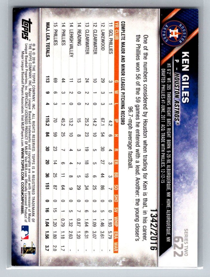 2016 Topps #622 Ken Giles Gold 1342/2016 | eBay