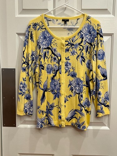 Talbots Floral Bird Print Cardigan Yellow & Blue 3/4 Sleeve Women Plus ...