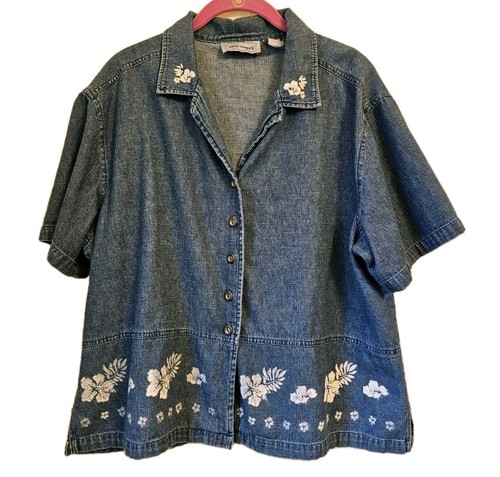 VTG 90S Jane Ashley Button Up Top S/S Denim Floral Tropical Size XL CC37 | eBay