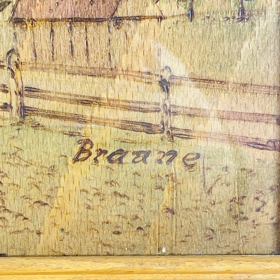 VTG Wood Burning Folk Art Colored Pyrography Signed Braune Mountain ...