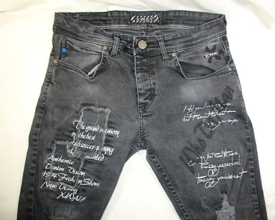 XWAY Jeans~Unisex 33 (32x28)~Tapered Leg~All Over Graffiti~Distressed ...
