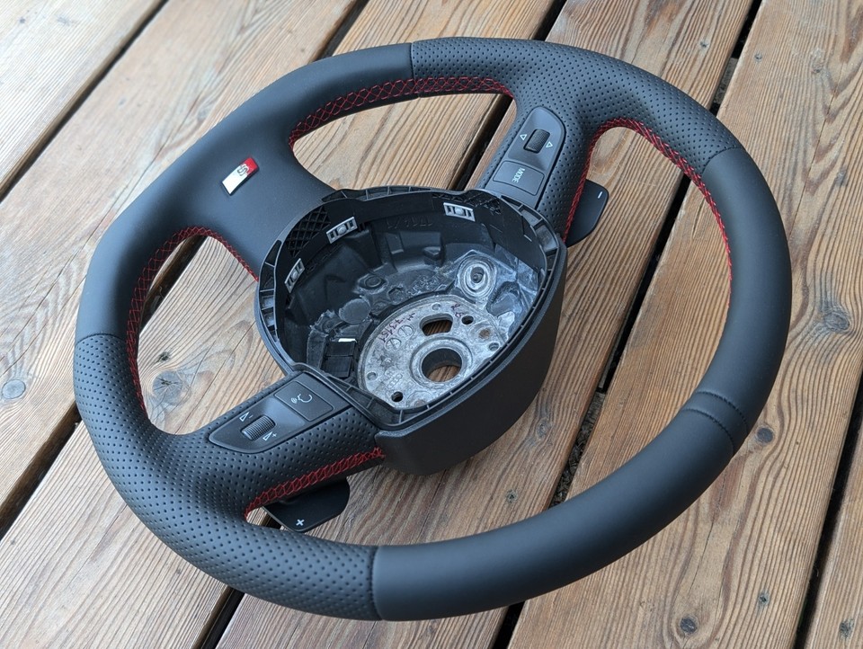 NEW LEATHER Steering Wheel Audi A6 C6 A4 B7 Q7 S-line FLAT BOTTOM black ...