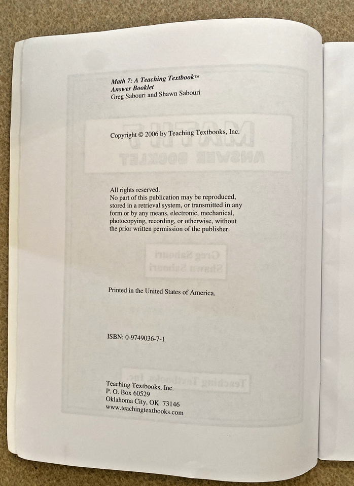Teaching Textbooks Math 7 Answer Booklet by Greg Sabouri Shawn Sabouri ...