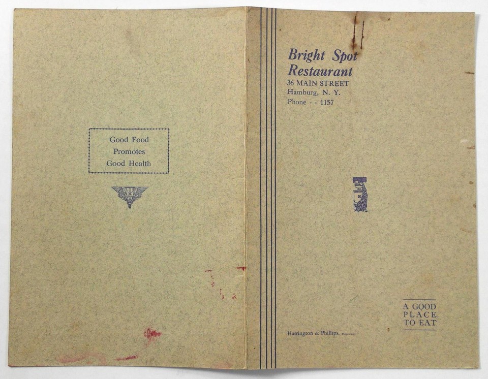 1930's Original Vintage Menu BRIGHT SPOT RESTAURANT Hamburg New York ...