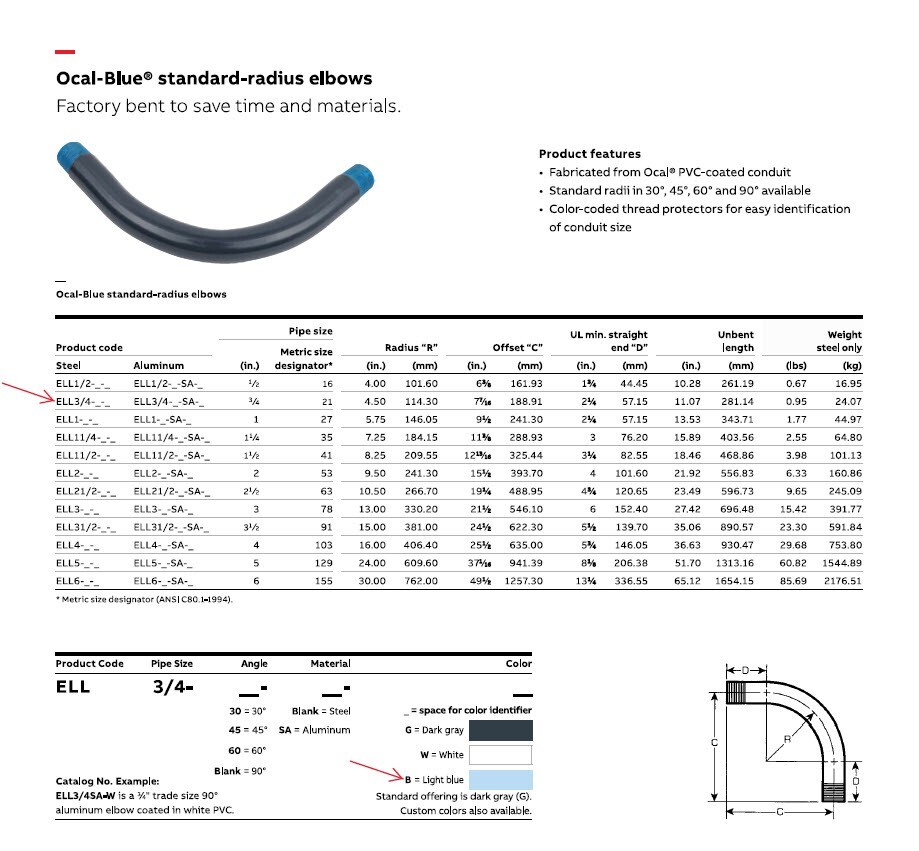3/4 inch PVC coated 90 Thomas&Betts ABB Ocal ELL3/4-B light blue 12 ...