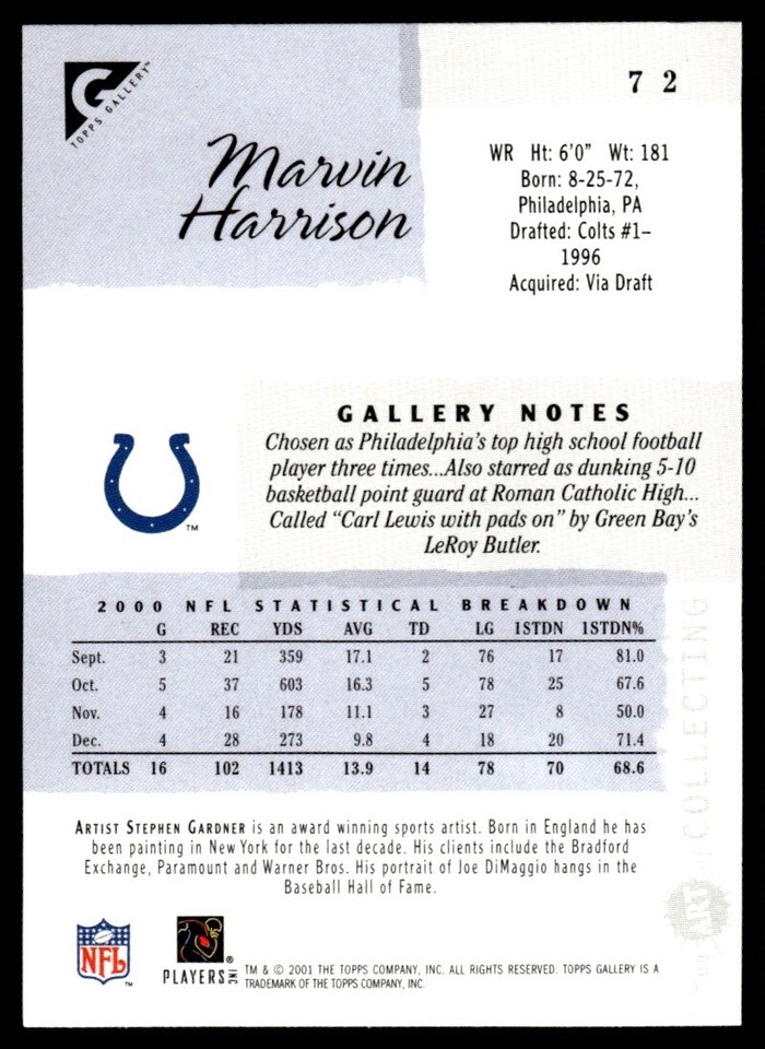 2001 Topps Gallery Marvin Harrison Indianapolis Colts #72 | eBay