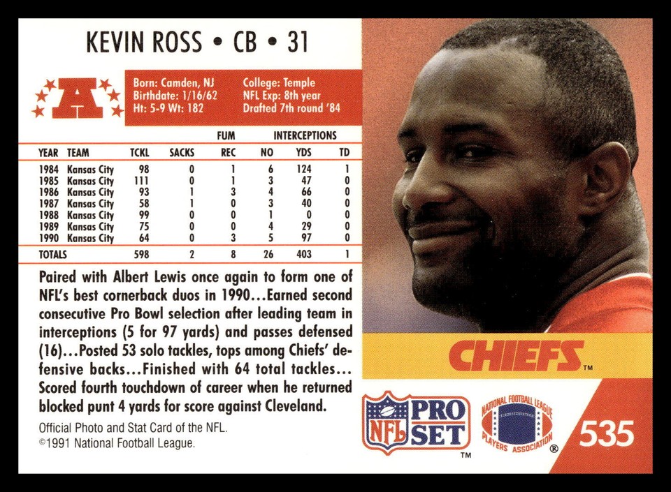1991 Pro Set #535 Kevin Ross Kansas City Chiefs Football EX/NM | eBay