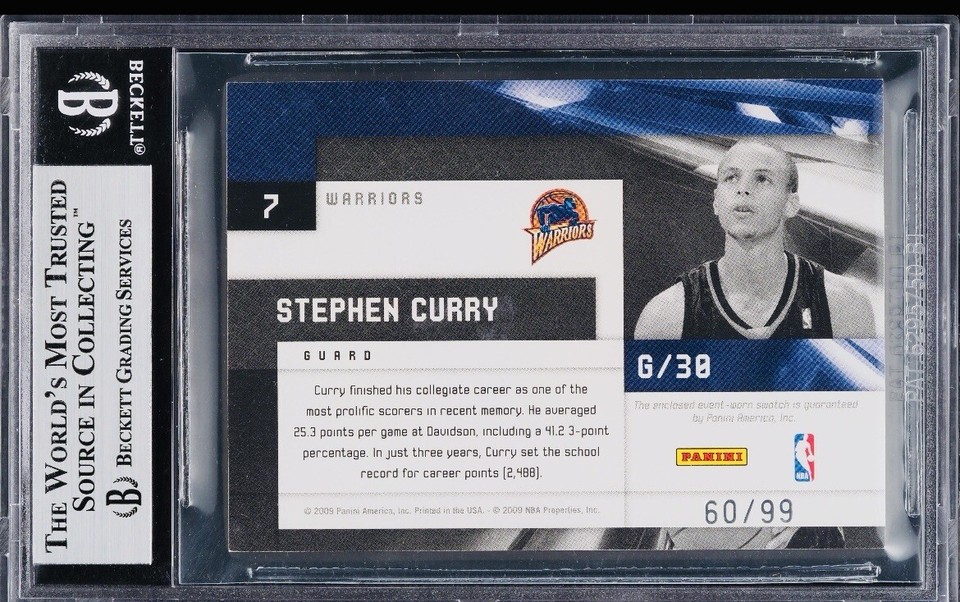 2009 LIMITED FRESHMEN JERSEY NUMBERS STEPHEN CURRY ROOKIE PATCH /99 BGS ...