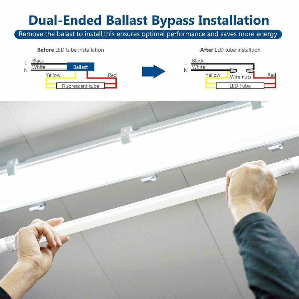 4Ft LED Tube Daylight 48 Inch Non Ballast F40T12 Double-End Clear Milky ...