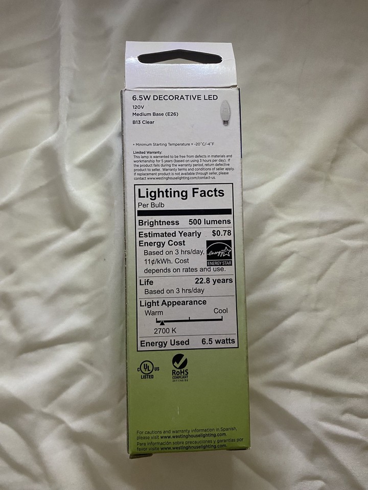 6Pcs Westinghouse 60W Equivalent Soft White B13 Dimmable LED Light Bulb ...