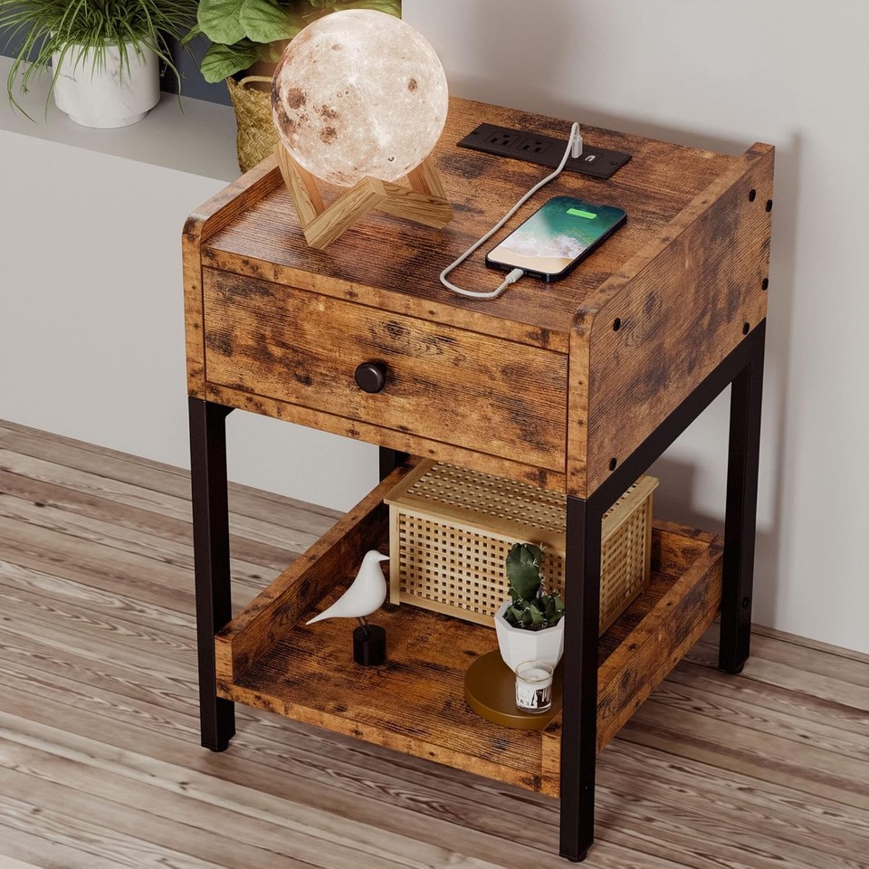 Nightstand Bedside Table W/ Charging Station Small End Table W/ Storage ...