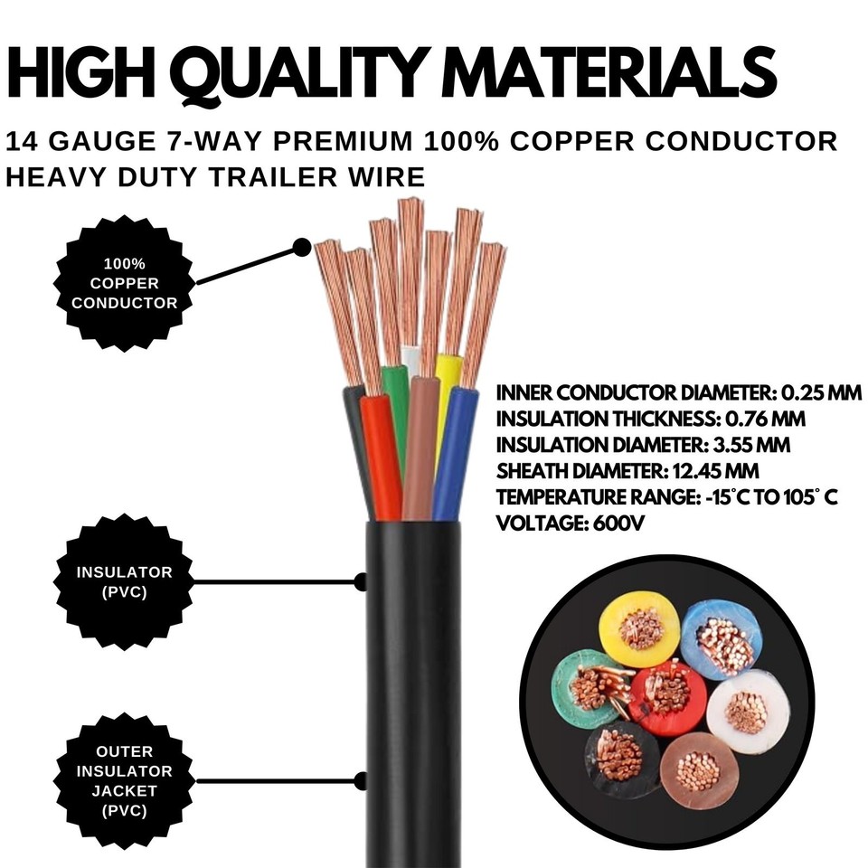 Heavy Duty 14 Gauge 7 Way Conductor Wire RV Trailer Cable Cord ...