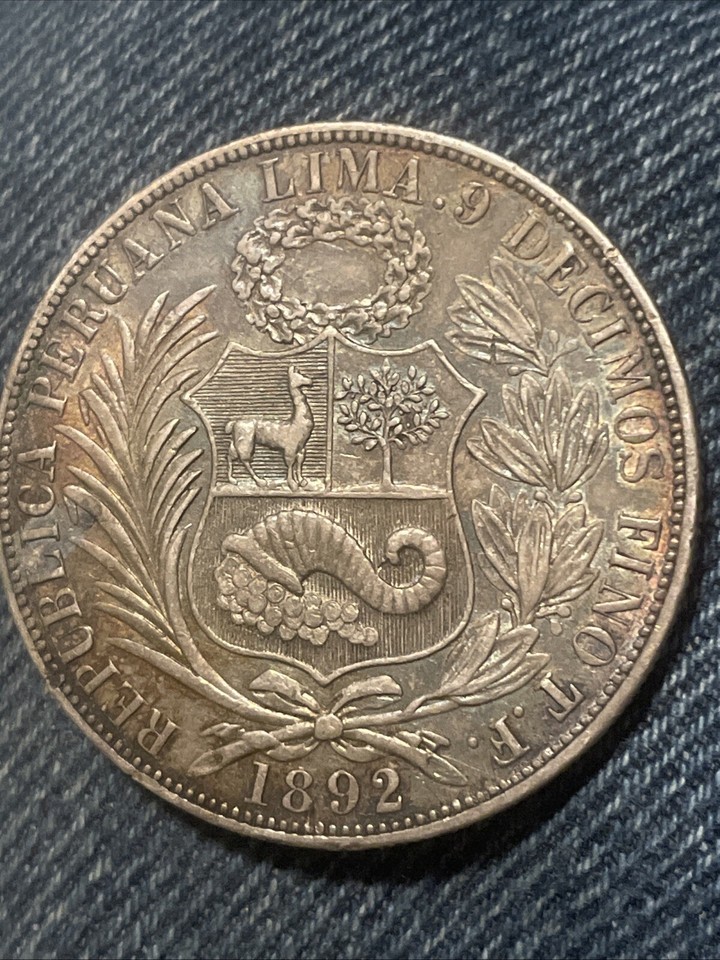 1892 TF Peru 1 Sol Peruvian Republic KM#196.24 Type X Silver Coin 900 ...