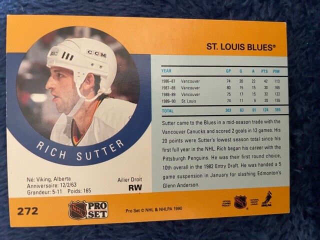 RICH SUTTER AUTOGRAPHED 1990 PRO SET HOCKEY CARD | eBay
