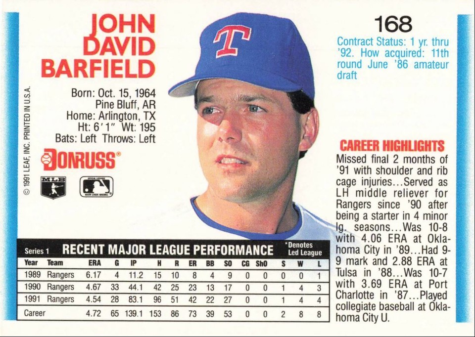 1992 Donruss Baseball John Barfield Texas Rangers #168 | eBay