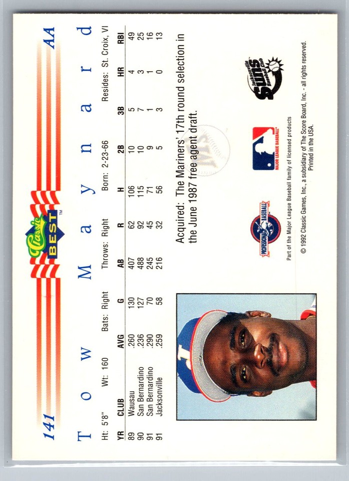 Tow Maynard 1992 Classic Best Set Break BASEBALL #141 Jacksonville Suns ...