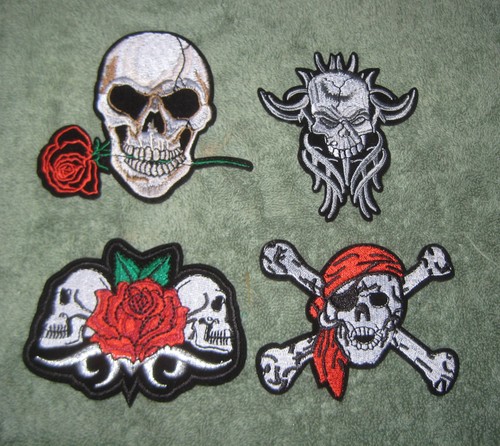 Lot 4 Motorcycle Riders Iron On Patches Dbl Skull Bones Red Wrap Rose | eBay