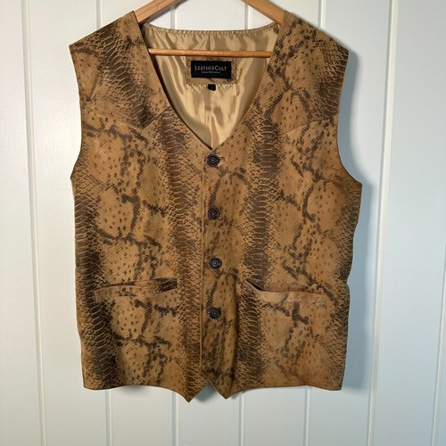 LEATHER CULT Vest Large Brown Genuine Suede Lined Snake Print Biker ...