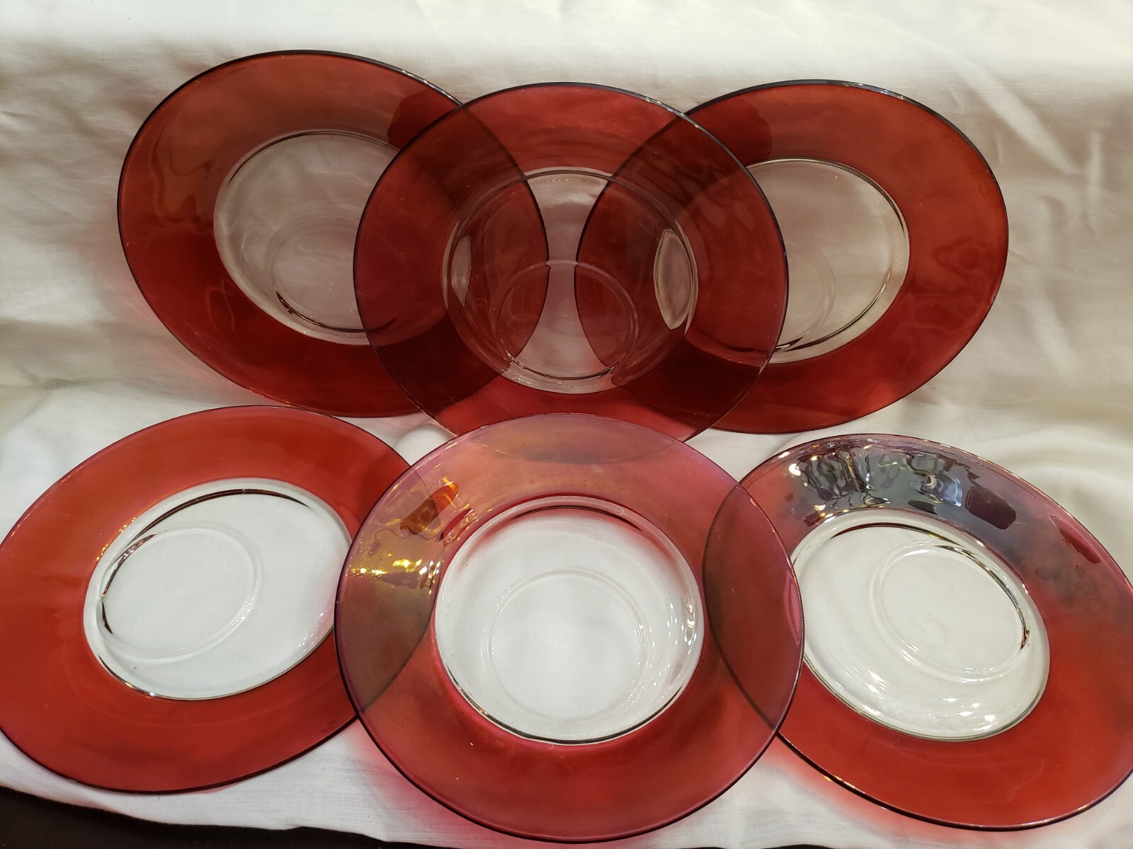 6 Vintage Christmas Plates Red Rim 8" Glass Ruby Red Salad Dessert ...