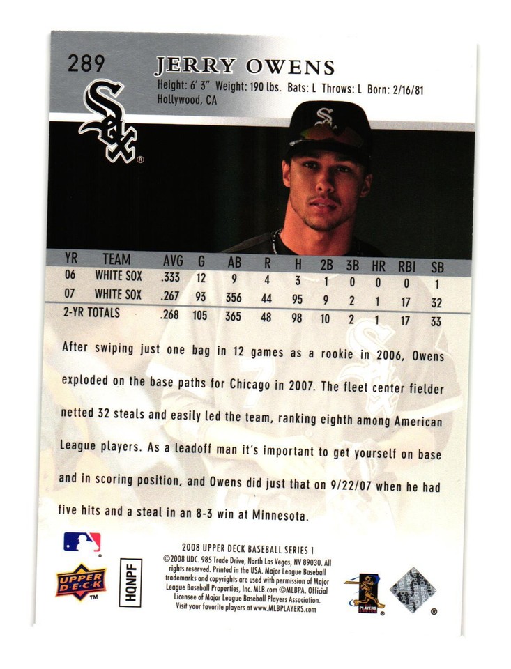 2008 Upper Deck #289 Jerry Owens Chicago White Sox | eBay
