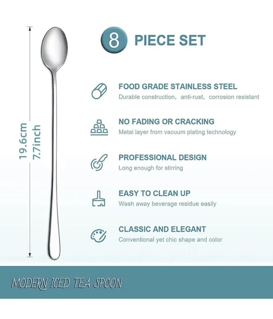 8 X Long Handle Teaspoons Tea Spoon Stainless Steel Coffee Latte Ice ...