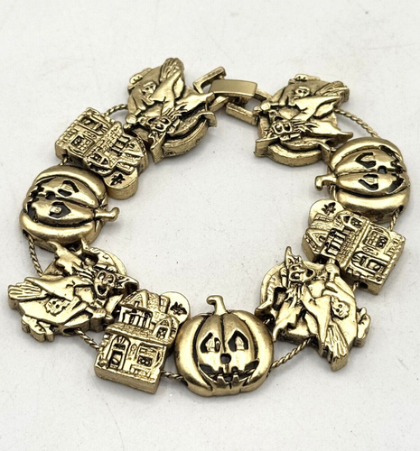 Halloween pumpkin haunted house witch gold tone charm bracelet | eBay