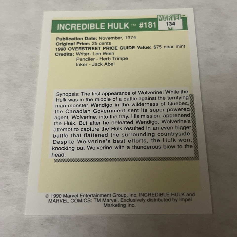1990 Impel Marvel Universe #134 M.V.C. - Incredible Hulk #181 NM/M | eBay