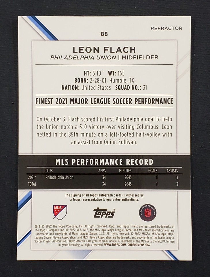2022 Topps Finest MLS #88 Leon Flach Rookie Autograph Chrome Refractor Union | eBay