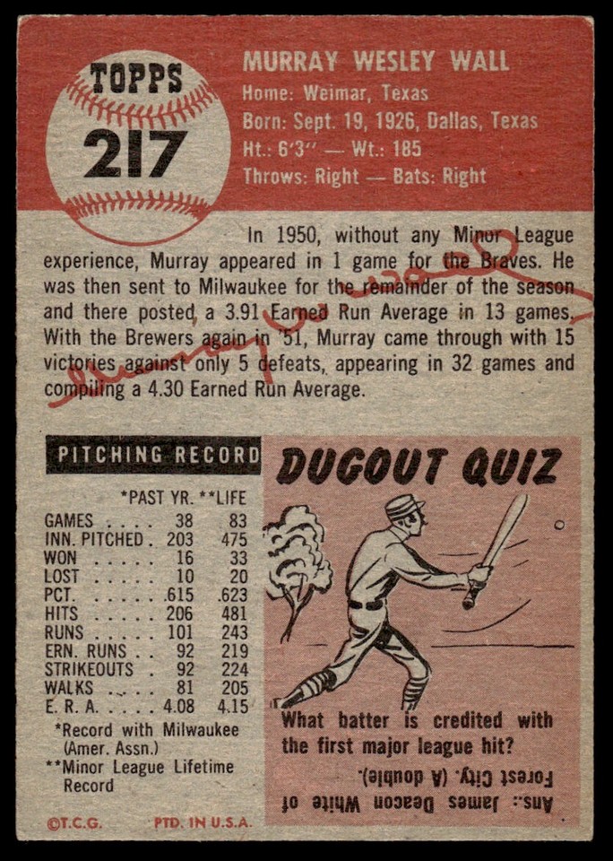 1953 Topps Murray Wall VG/EX RC Milwaukee Braves #217 | eBay