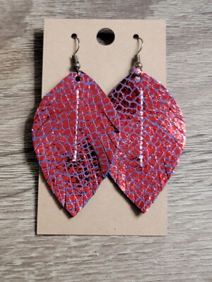 Handmade GENUINE Leather Feather Earrings Red & Blue Patriotic Crackle ...