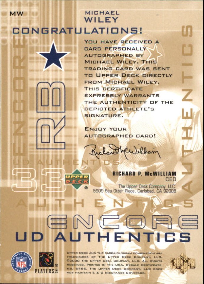 2000 Upper Deck Encore UD Authentics #MW Michael Wiley Autograph Card ...