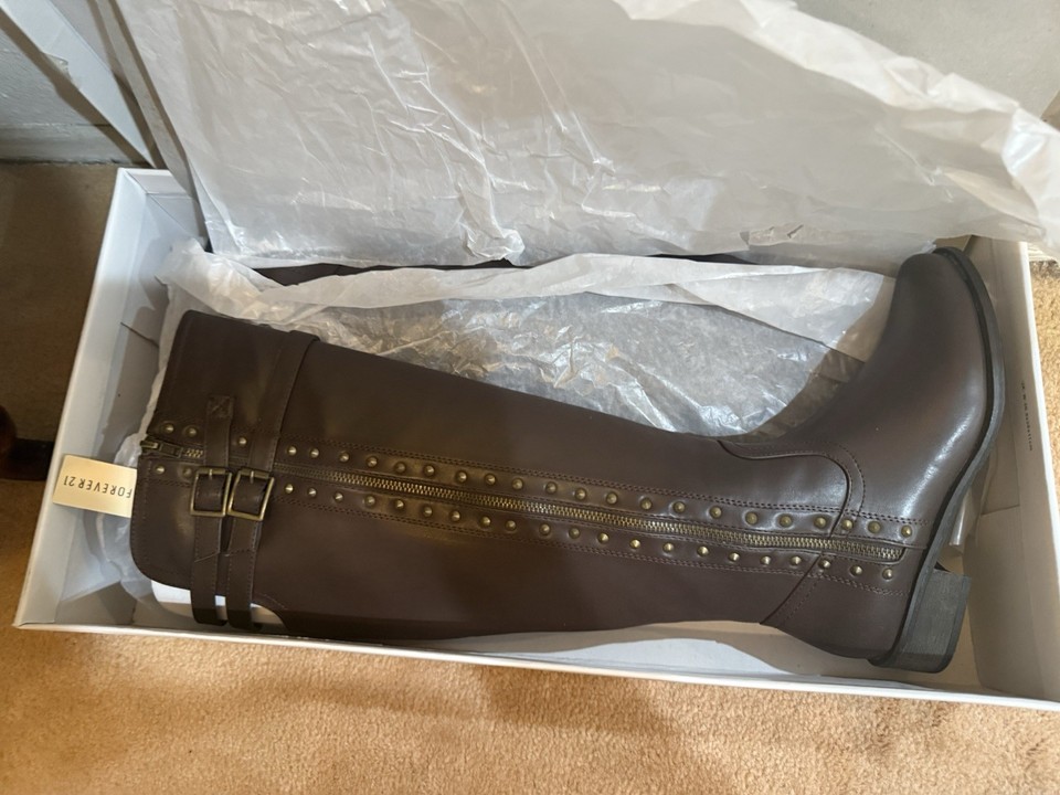 Forever 21 Brown Studded Riding Boots – Size 6 Faux Leather Knee High ...