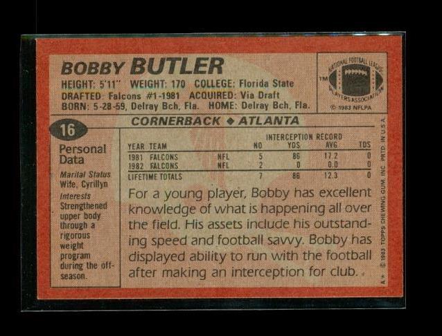Vintage 1983 TOPPS Football Trading Card #16 BOBBY BUTLER Atlanta ...