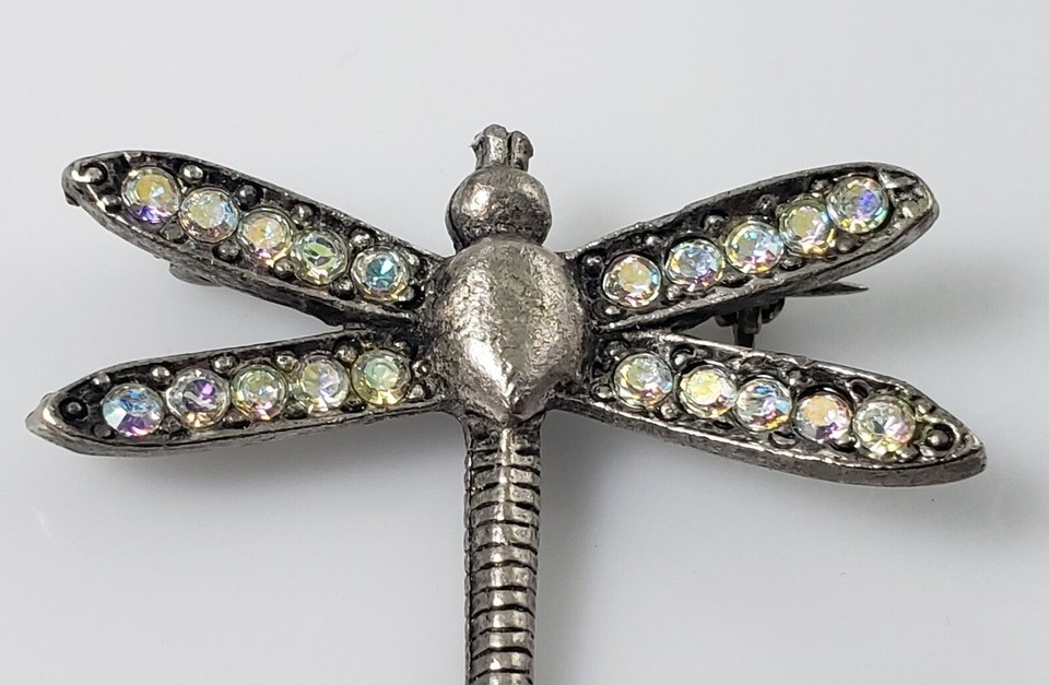 Dragon Fly Dragonfly Brooch Pin AB Crystal Rhinestones Pewter Tone ...