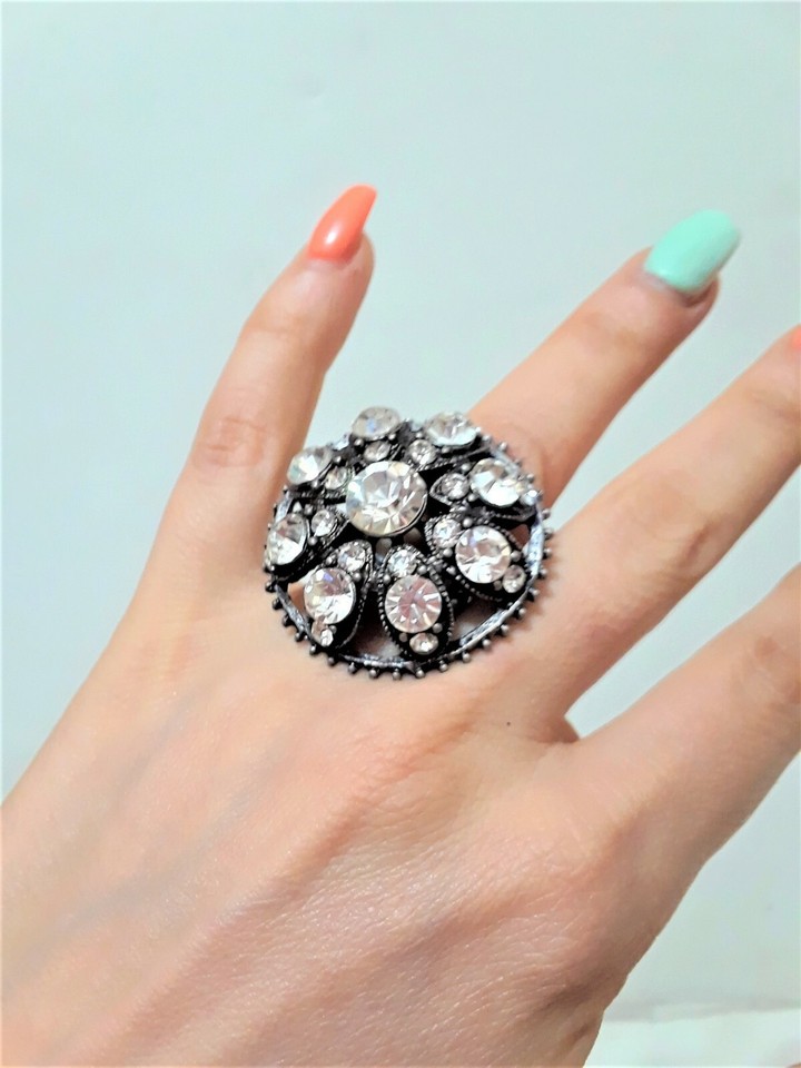 Flower Jumbo Oversize Cocktail Statement Prom Ring Crystal Black Clear ...